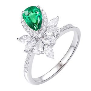 gorgeous natural emerald gemstone pear cut diamond solid 14k white gold engagement wedding promise ring for women