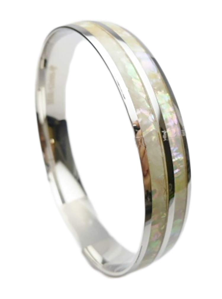 316L Stainless Steel Natural White Abalone Paua Shell Inlay With Stripe Hawaiian Curved Top Bangle Bracelet (Width: 6mm, 8mm, 10mm, 12mm) (Size: 7.5", 8", 8.5") (8.5, 12mm)