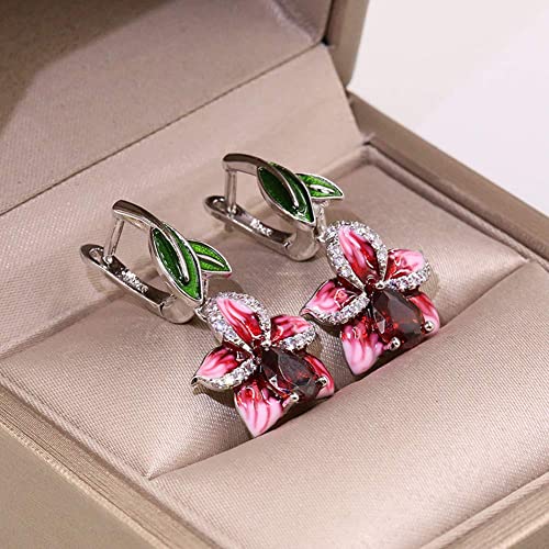 Earrings for Women Mom Fashion Women Enamel Leaf Flower Pendant Rhinestone Inlaid Leverback Earrings Statement Jewelry (Red)