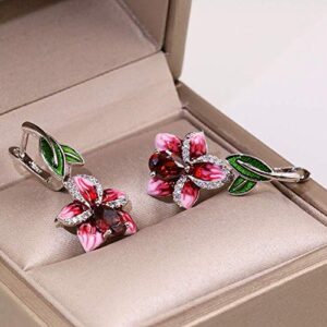 Earrings for Women Mom Fashion Women Enamel Leaf Flower Pendant Rhinestone Inlaid Leverback Earrings Statement Jewelry (Red)