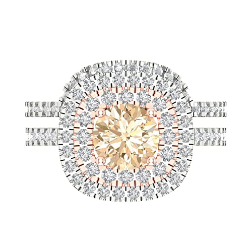 Clara Pucci 1.97ct Round Cut Halo Solitaire Halo Accent Genuine Morganite Curved Statement Bridal Ring Band Set 14k White Rose Gold 8.25