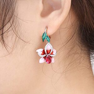 Earrings for Women Mom Fashion Women Enamel Leaf Flower Pendant Rhinestone Inlaid Leverback Earrings Statement Jewelry (Red)