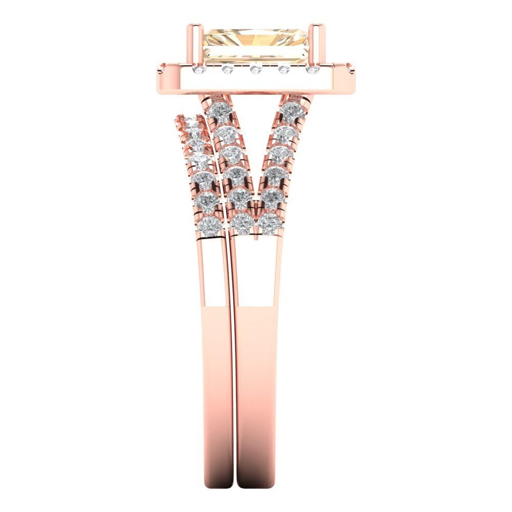 Clara Pucci 1.60ct Emerald Cut Halo Solitaire Natural Morganite Engagement Promise Anniversary Bridal Ring Band set 14k Rose Gold 3.5