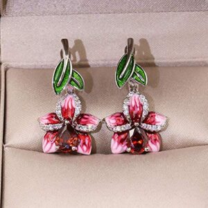 Earrings for Women Mom Fashion Women Enamel Leaf Flower Pendant Rhinestone Inlaid Leverback Earrings Statement Jewelry (Red)