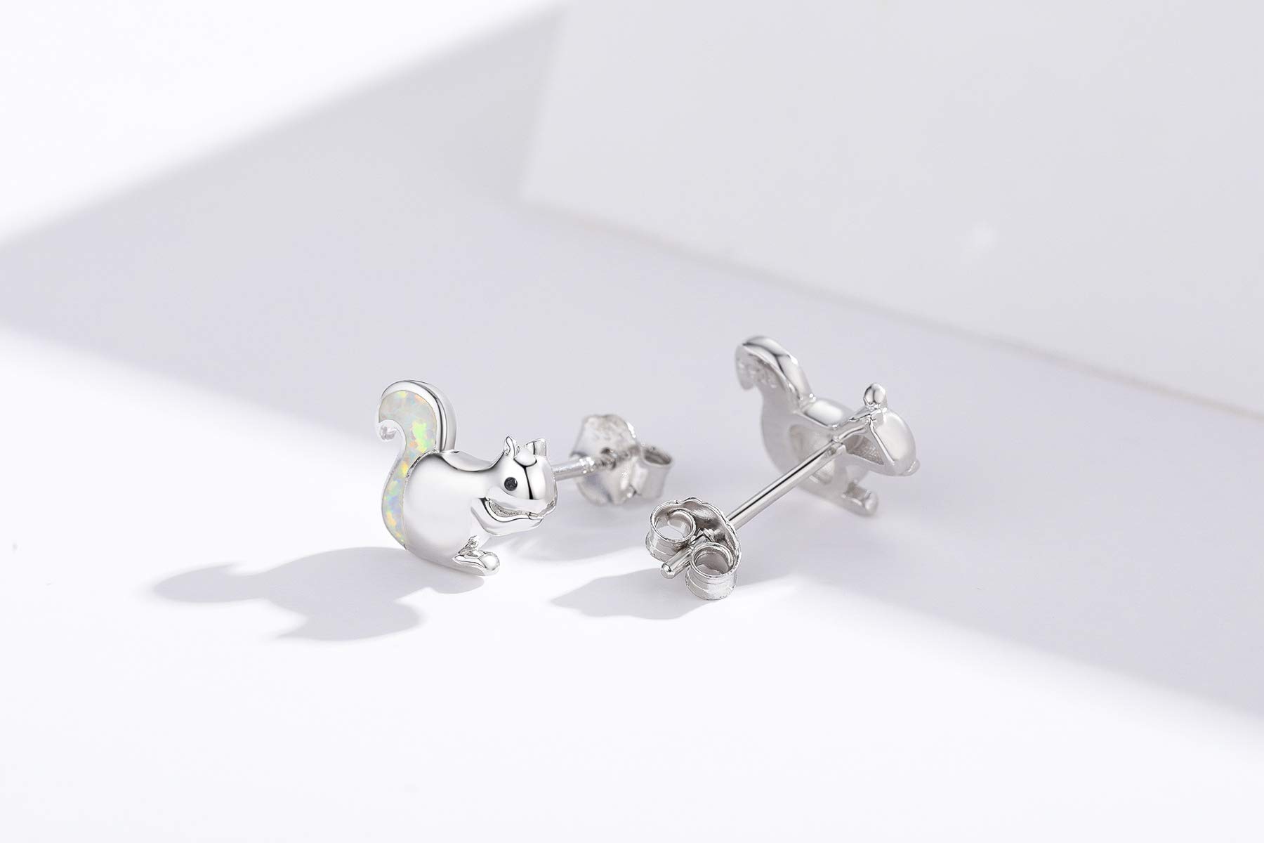 Squirrel Earrings 925 Sterling Silver Cute Opal Little Squirrel Earrings Hypoallergenic Stud Lovely Small Animal Jewelry Gift for Women Girlfriendr Teen Sensitive Ears