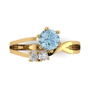 clara pucci 0.85 ct round cut 3 stone solitaire natural light blue aquamarine designer anniversary bridal engagement ring 14k yellow gold