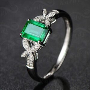 Kardy Elegant Butterfly Natural Emerald Gemstone Diamond Solid 14K White Gold Engagement Wedding Promise Ring for Women