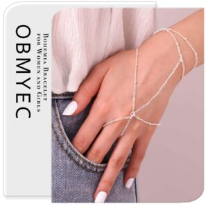 Obmyec Simple Hand Chain Layered Silver Finger Ring Chain Bracelets Dangle Beaded Slave Bracelets Daily Prom Hand Bracelets for Women