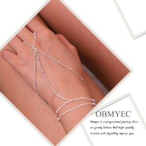 Obmyec Simple Hand Chain Layered Silver Finger Ring Chain Bracelets Dangle Beaded Slave Bracelets Daily Prom Hand Bracelets for Women