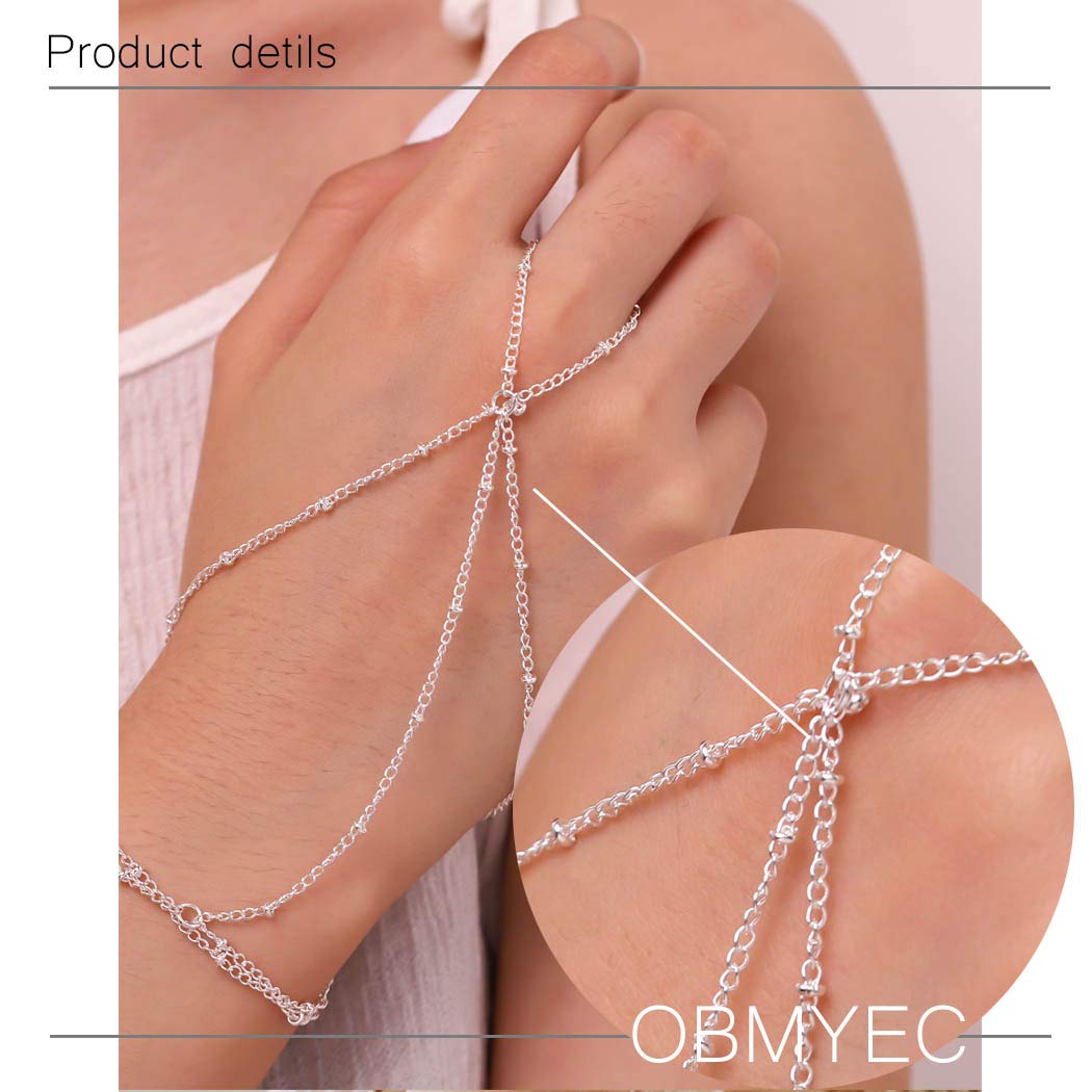 Obmyec Simple Hand Chain Layered Silver Finger Ring Chain Bracelets Dangle Beaded Slave Bracelets Daily Prom Hand Bracelets for Women