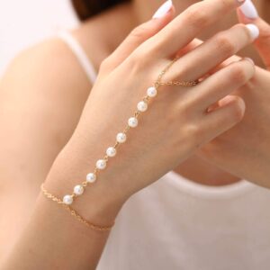 obmyec boho pearl finger bracelets gold pearl ring hand chain wedding beaded slave hand harness bracelets bridal hand jewelry for women