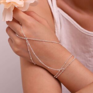 Obmyec Simple Hand Chain Layered Silver Finger Ring Chain Bracelets Dangle Beaded Slave Bracelets Daily Prom Hand Bracelets for Women