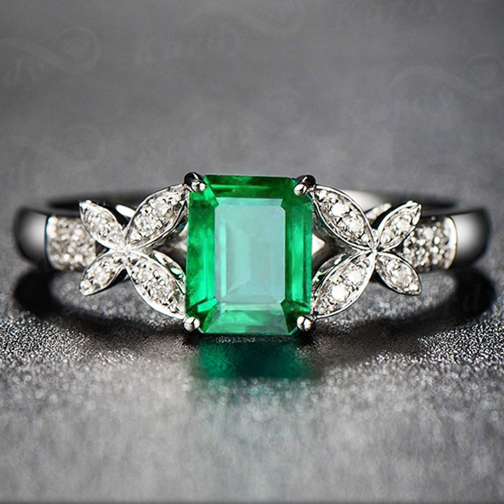 Kardy Elegant Butterfly Natural Emerald Gemstone Diamond Solid 14K White Gold Engagement Wedding Promise Ring for Women