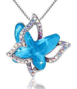 gemmance butterfly crystal necklace with aquamarine blue birthstone for march and december, silver-tone, 18”+2” chain