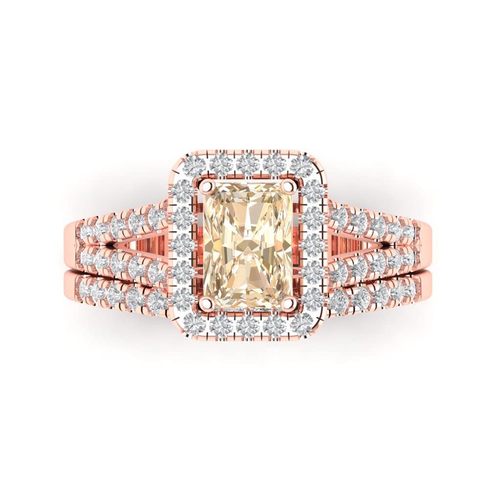 Clara Pucci 1.60ct Emerald Cut Halo Solitaire Natural Morganite Engagement Promise Anniversary Bridal Ring Band set 14k Rose Gold 3.5