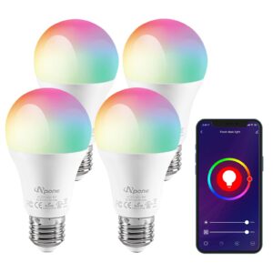 smart a19 led smart, wifi light bulb compatible with alexa google home, with over 16 million vivid color, cool warm white dimmable, no hub required, 60w equivalent, rgb+2700k-6500k, 4 pack