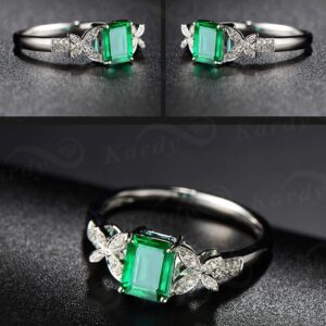 Kardy Elegant Butterfly Natural Emerald Gemstone Diamond Solid 14K White Gold Engagement Wedding Promise Ring for Women