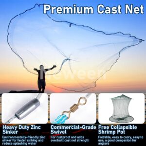 Cast Net for Fishing with Shrimp Cage, American Freshwater Saltwater 4/6/8Ft Radius Casting Net Bait Trap Fish, Heavy Duty Zinc Sinker, 3/8 Inch Mesh Size