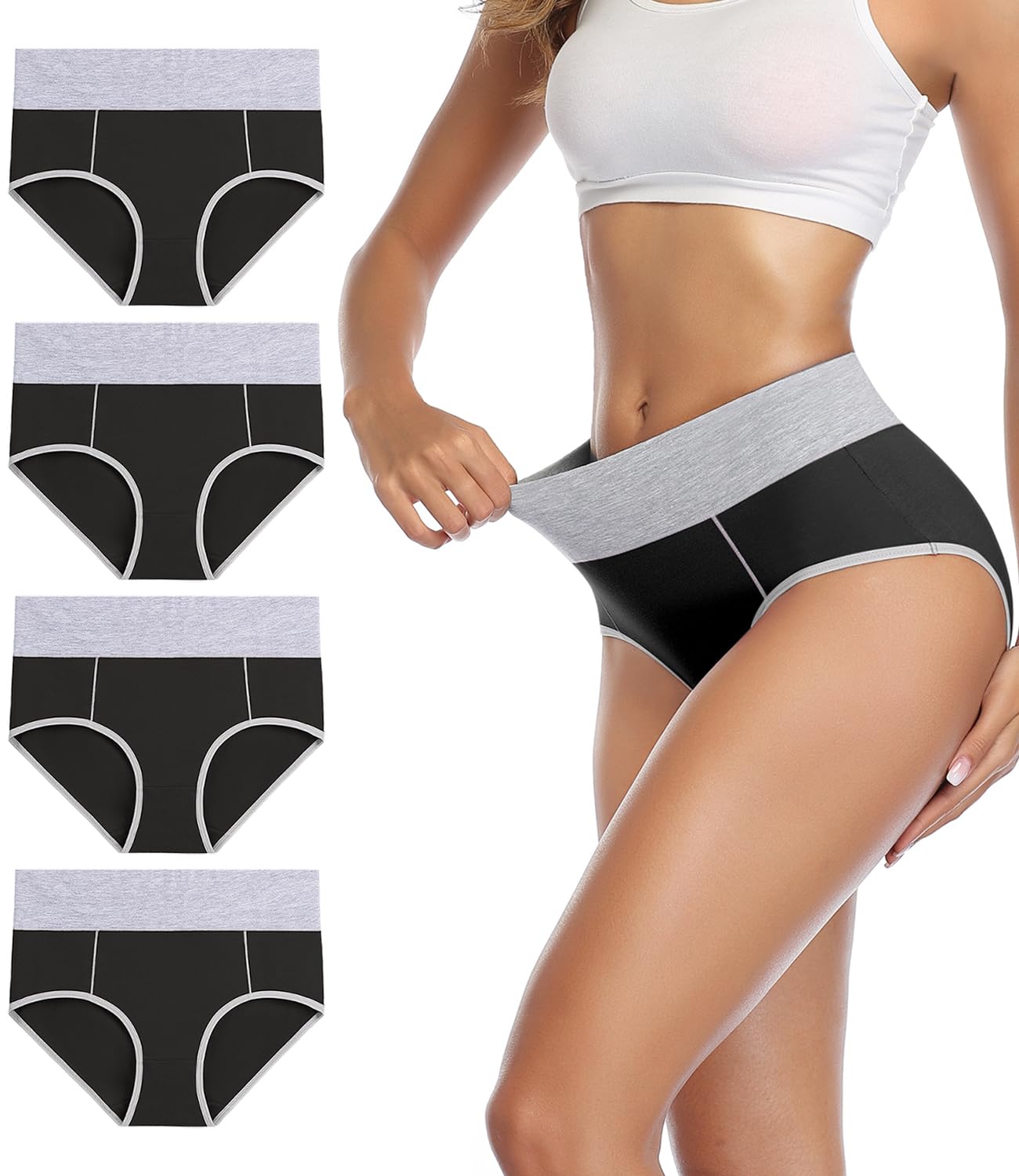 wirarpa Women's Cotton Underwear High Waist Briefs 4 Pack Ladies Soft Breathable Plus Size Panties Full Coverage Underpants Black 4X-Large