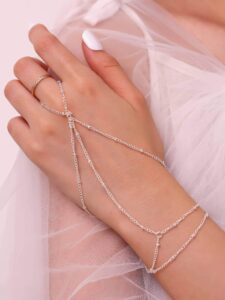 obmyec simple hand chain layered silver finger ring chain bracelets dangle beaded slave bracelets daily prom hand bracelets for women