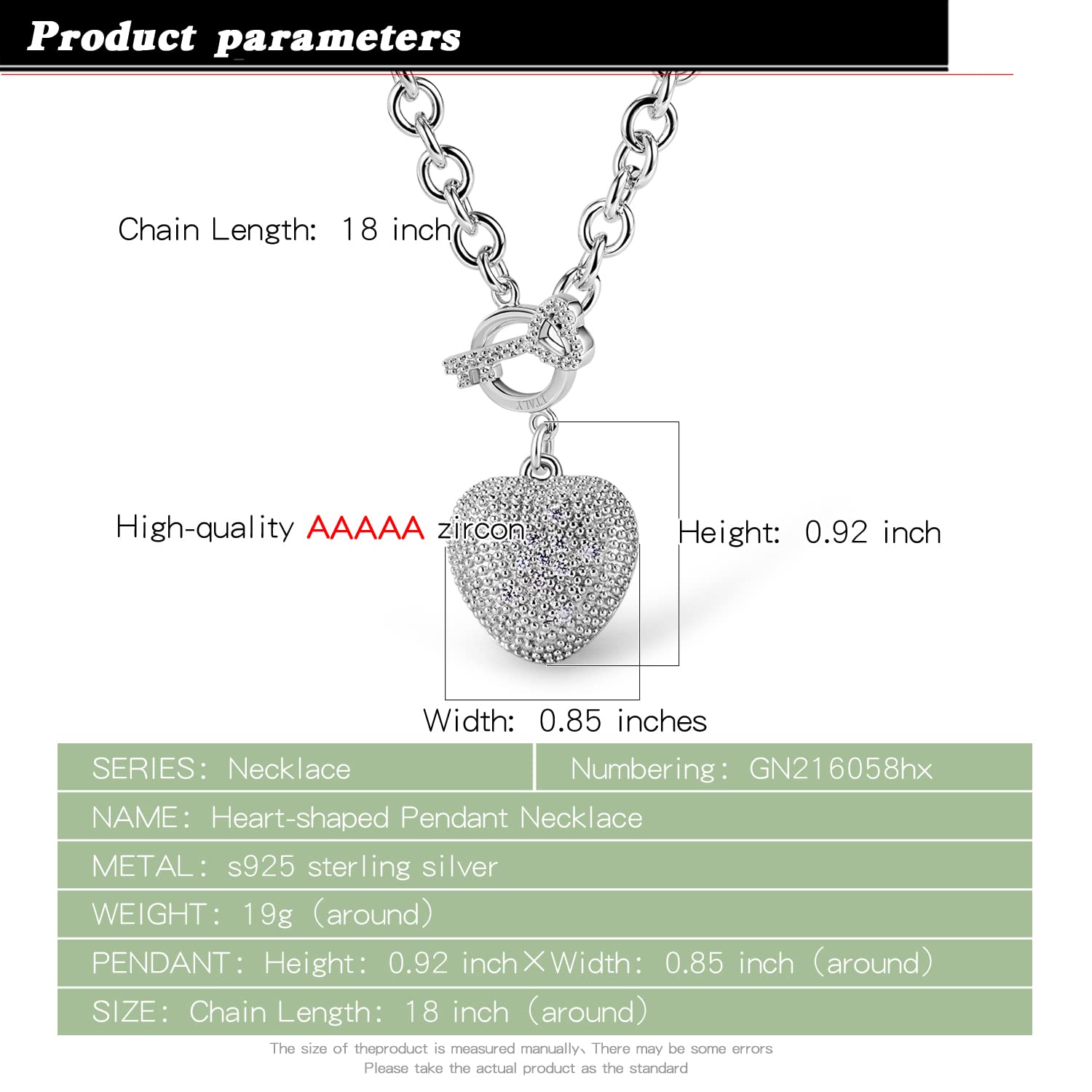 Dankadi New Women's 925 Sterling Silver Necklace Noble Heart Pendant Necklace Solid Silver Rolo Chain 17-19'' Birthday Party Jewelry Necklace Accessories (20)