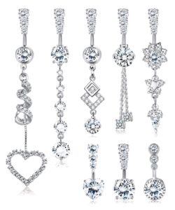 fibo steel 8pcs belly button rings dangle 316l surgical steel belly rings dangling for women heart cz long cute navel barbell body belly piercing jewelry silver 14g