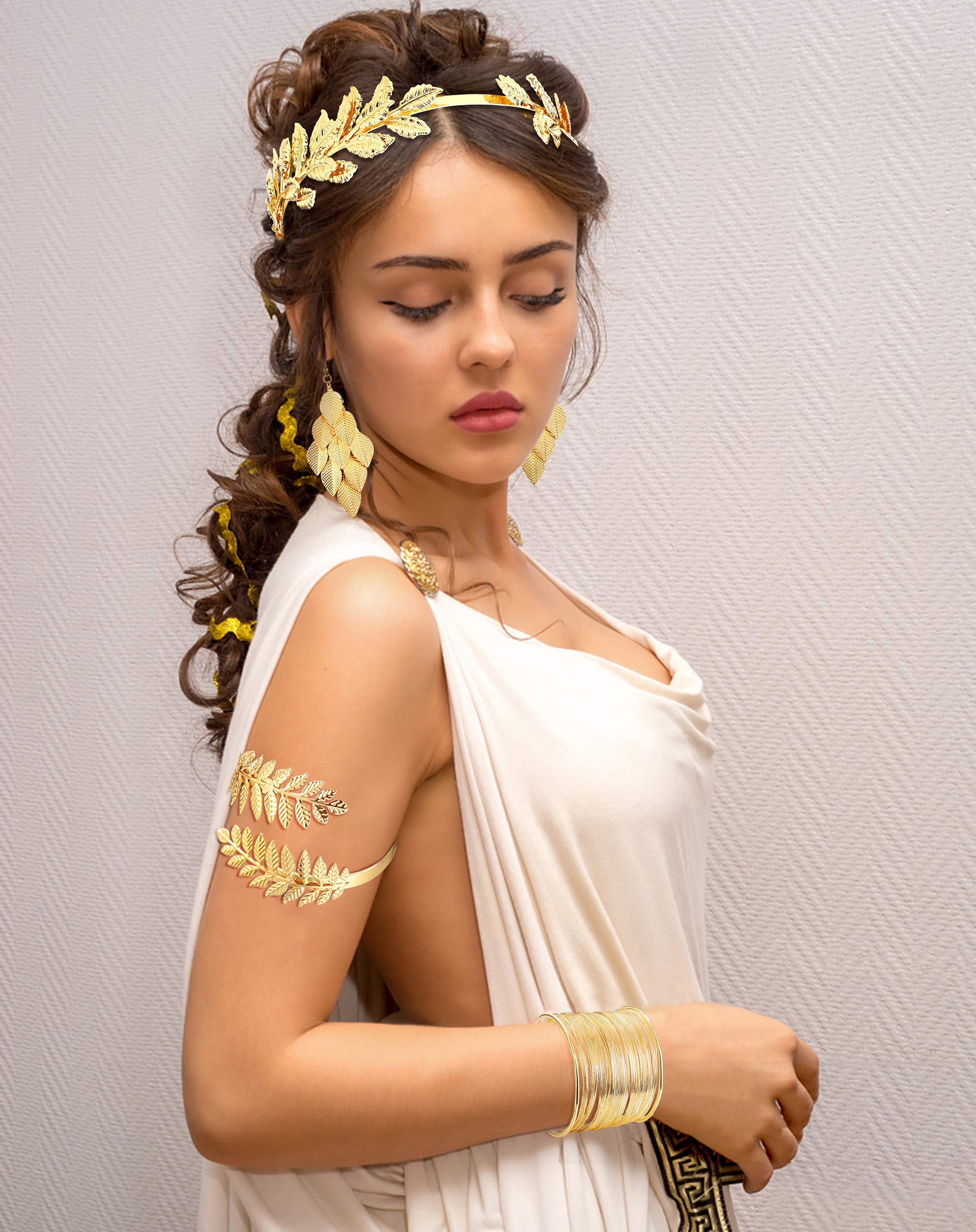 Jstyle Grecian Goddess Costume Accessories Set for Women Leaf Headband Coil Upper Arm Bracelet Dangle Earrings for Wedding Toga Party