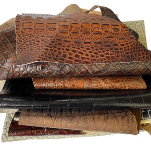 alligator embossed cow leather remnants are average-sized from 6 x 8 inches to 12 x 14. colors vary by order.