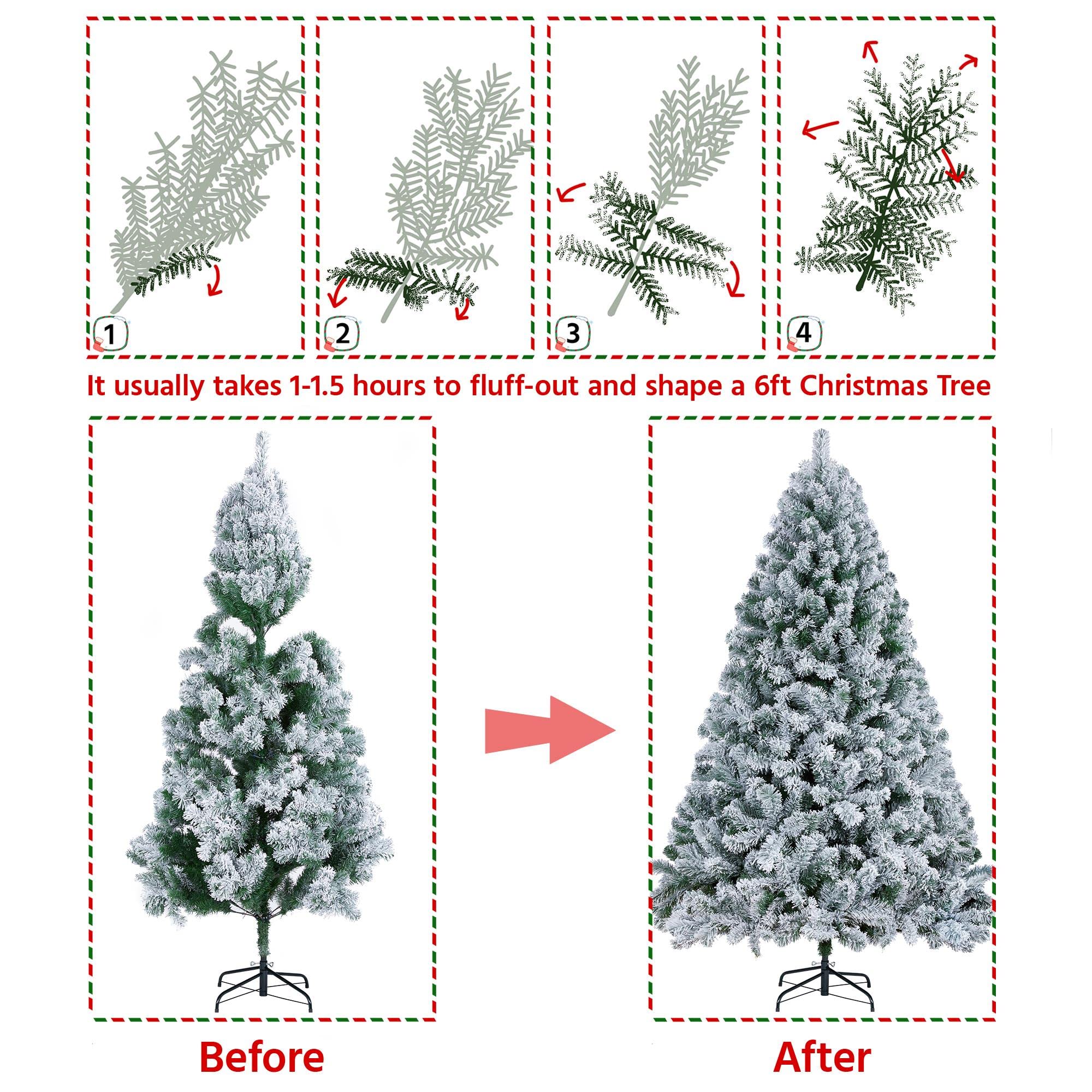 Yaheetech 6ft Premium Snow Flocked Artificial Christmas Tree Hinged Pine Full Holiday Xmas Tree for Home Office Party Decoration with 820 Branch Snow Tips and Metal Stand