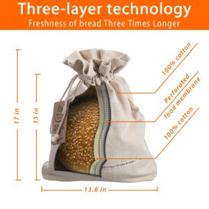 Goodleks Three-Layer Cotton Bread Bag, Reusable Bread Bags for Homemade Bread Large, Natural Organic Canvas Bread Storage Bags