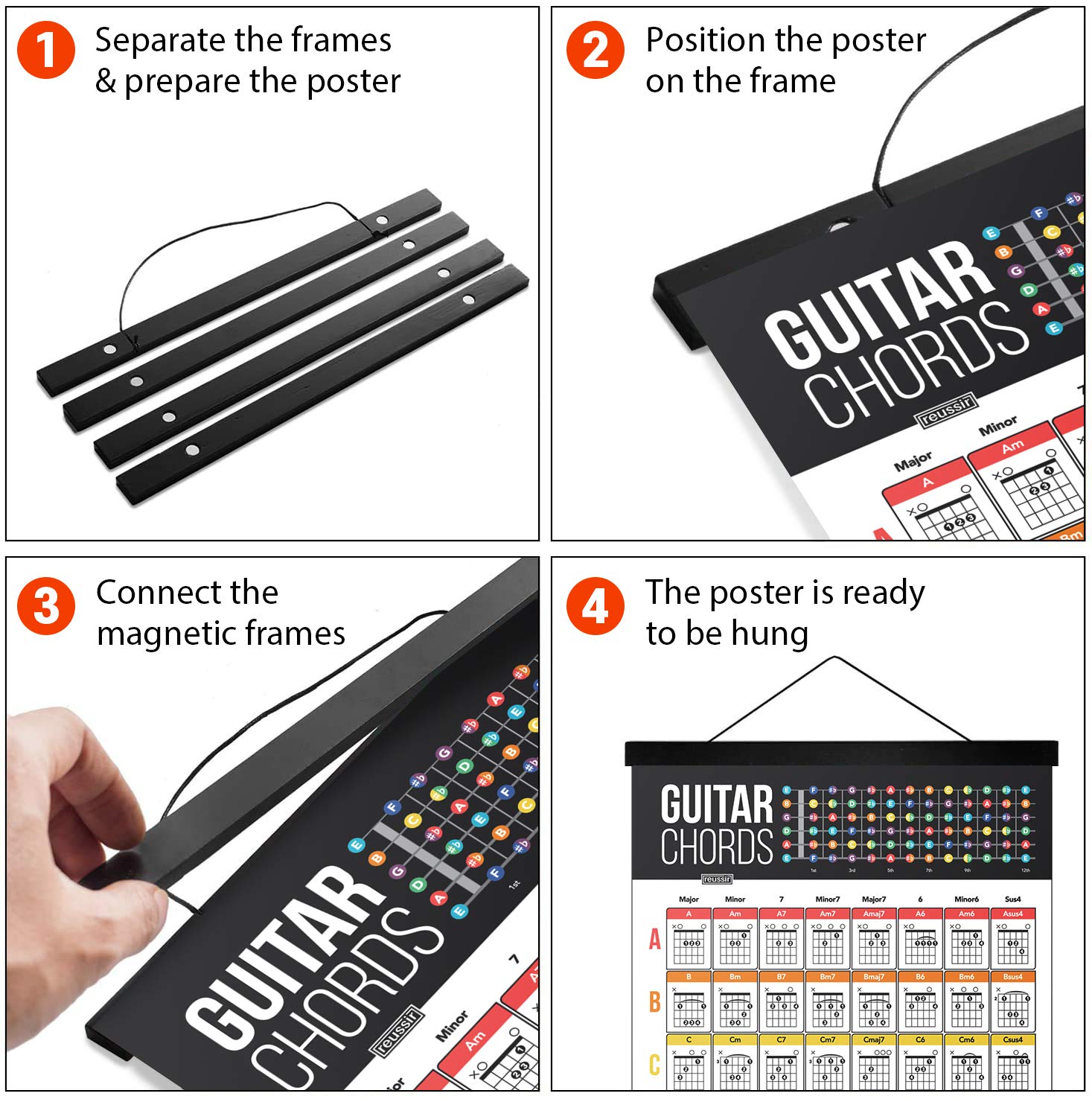 reussir Guitar Chord Poster | 16"x24" Guitar Chord Chart & 56 Guitar Fretboard Cards & Magnetic Poster Hanger | A Gift for Guitar Beginners and Teachers