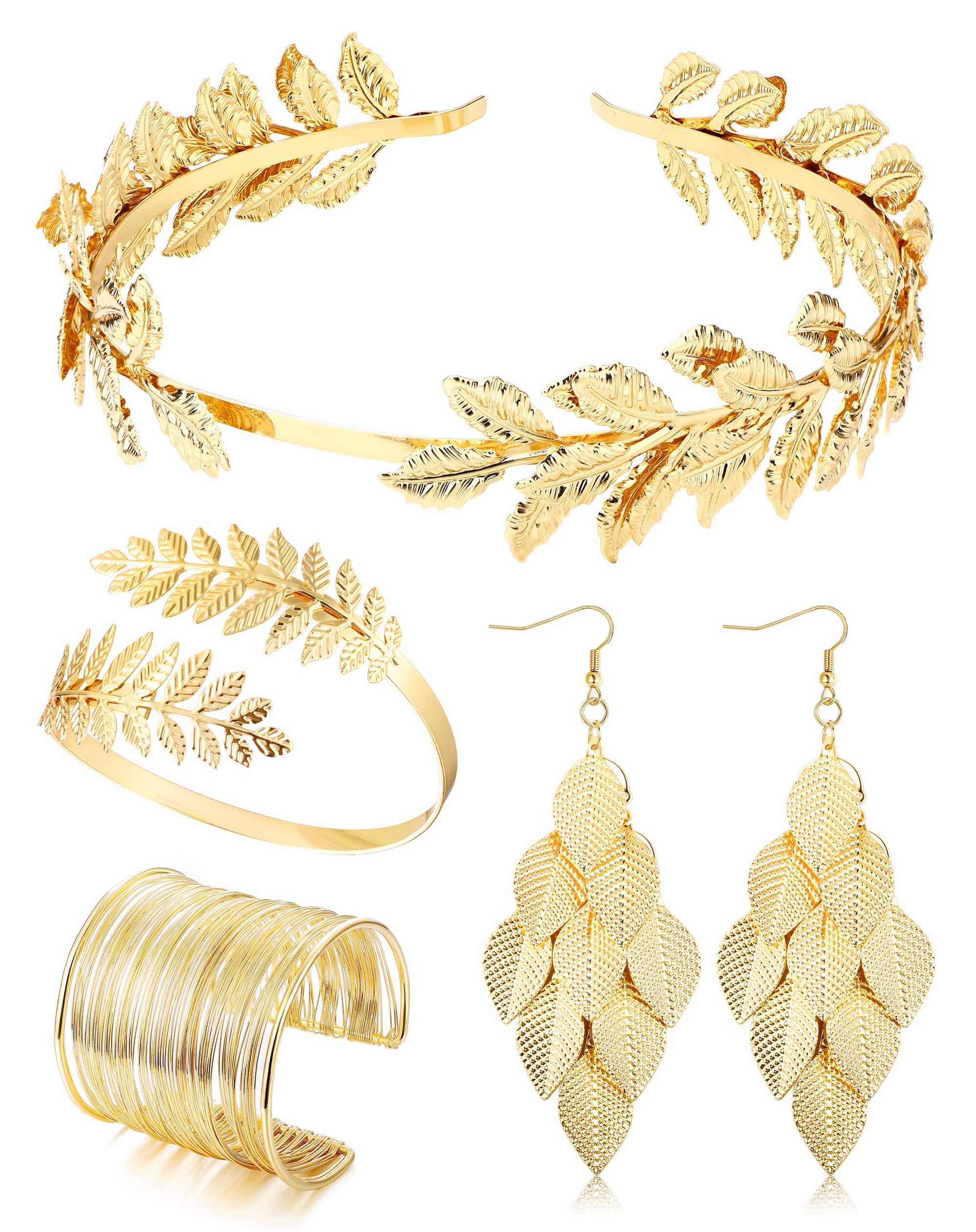 Jstyle Grecian Goddess Costume Accessories Set for Women Leaf Headband Coil Upper Arm Bracelet Dangle Earrings for Wedding Toga Party