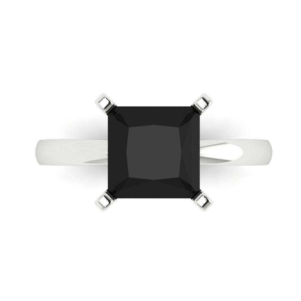 2.95ct Princess Cut Solitaire Genuine Natural Black Onyx 4-Prong Classic Statement Ring 14k White Gold for Women Size 6.25