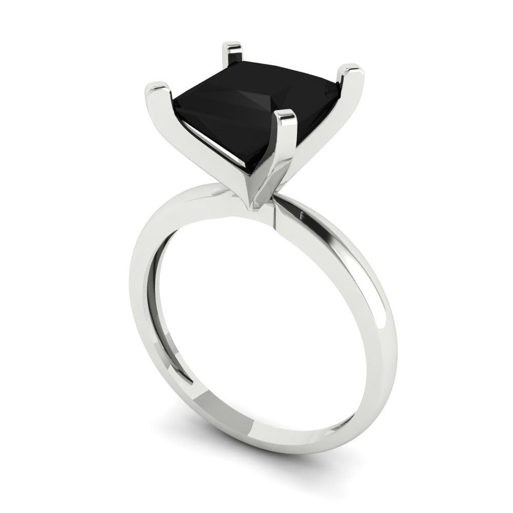 2.95ct Princess Cut Solitaire Genuine Natural Black Onyx 4-Prong Classic Statement Ring 14k White Gold for Women Size 6.25