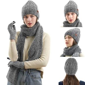 Womens Winter Warm Knit Beanie Hat Touchscreen Gloves Long Neck Scarf Set with Fleece Lined Skull Caps Gifts for Women Men Black