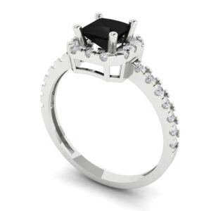 1.34ct Princess Cut Solitaire with accent Black Onyx Designer Wedding Bridal art deco Anniversary Ring 14k White Gold 7.25