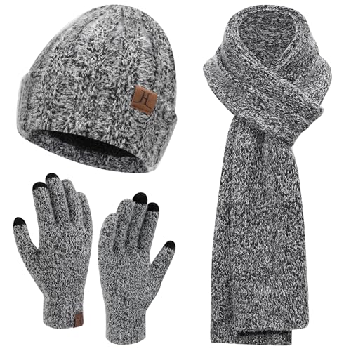 Womens Winter Warm Knit Beanie Hat Touchscreen Gloves Long Neck Scarf Set with Fleece Lined Skull Caps Gifts for Women Men Black