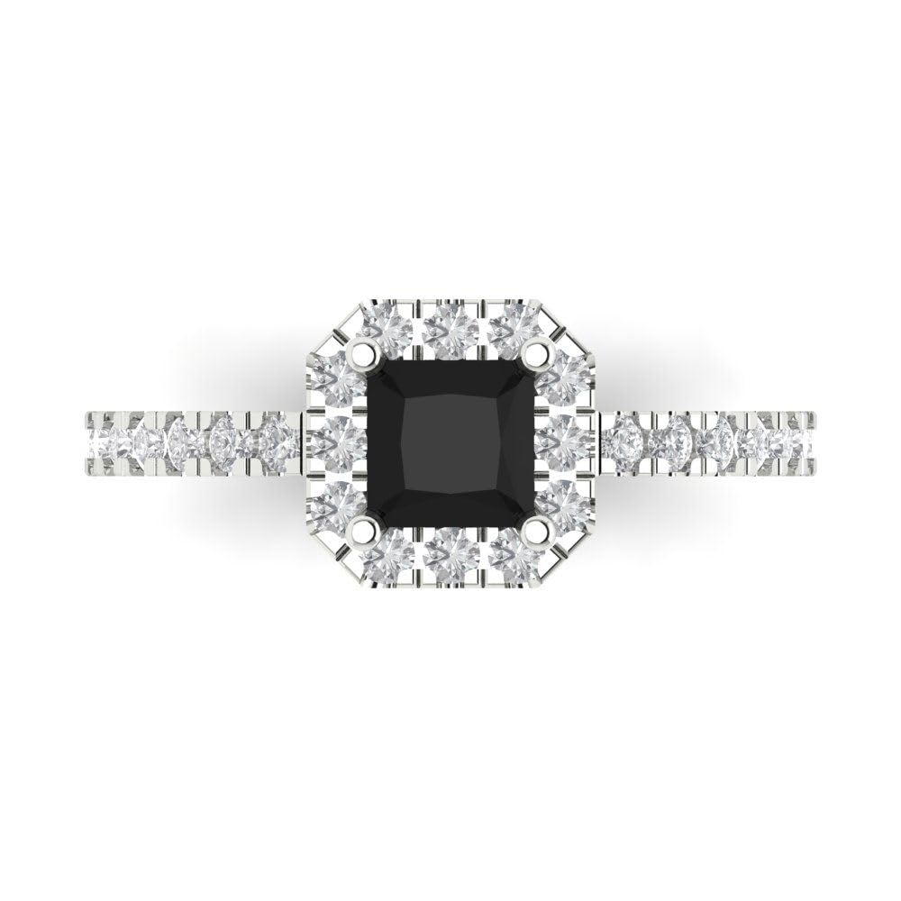 1.34ct Princess Cut Solitaire with accent Black Onyx Designer Wedding Bridal art deco Anniversary Ring 14k White Gold 7.25