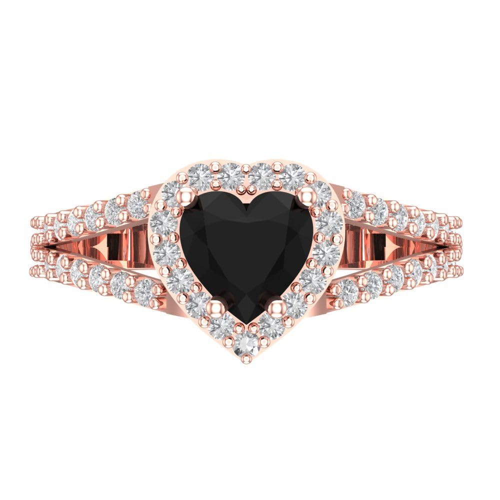 1.75 ct Heart Cut Solitaire Halo split shank Natural Black Onyx Engagement Promise Anniversary Bridal Ring 14k Rose Gold 8.5