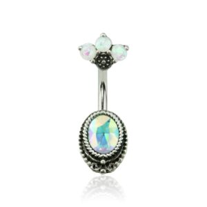 pierced owl 14g stainless steel synthetic opal flower petal top belly button ring