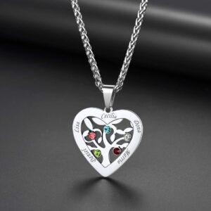 U7 Mothers Necklace Personalized Custom Family Branch Tree Heart Necklace with Crystal Birthstone Stainless Steel Hypoallergenic 2-6 Names Engraved Necklaces for Mom Grandma Wife