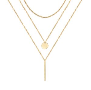 dainty chain choker necklace 14k gold plated 3 layered disc bar necklace for women