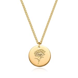 mevecco gold birth flower coin necklace for women 12 month april daisy disc pendent 18k gold plated personalized flora necklace birthday jewelry for her