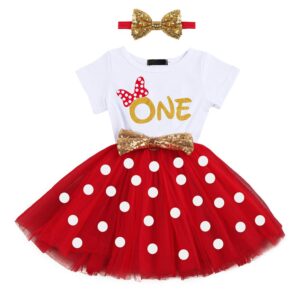 It's My 1st/2nd Birthday Cake Smash Outfit One Two Year First Birthday Party Dress for Baby Girls Princess Shiny Letter Print Polka Dot Tulle Tutu Dress Sequin Bow Headband 2PCS Clothes Set Red One