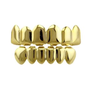 acfun 24k gold plated hip hop teeth grillz punk custom fit polished teeth grillz caps top & bottom grill set with 2 silicon molding bars removable grills for women men gift halloween party (gold)