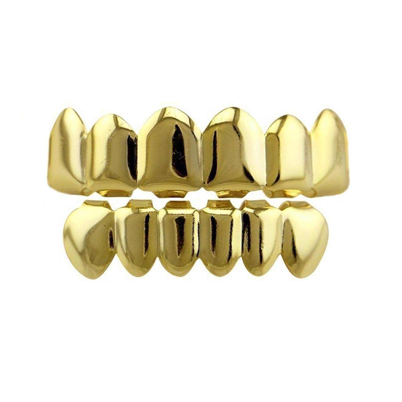 Acfun 24K Gold Plated Hip Hop Teeth Grillz Punk Custom Fit Polished Teeth Grillz Caps Top & Bottom Grill Set with 2 Silicon Molding Bars Removable Grills for Women Men Gift Halloween Party (Gold)