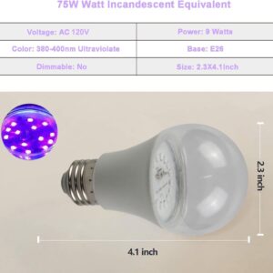 LED Black Lights Bulb, 9W A19 Led Bulb (75Watt Equivalent), UVA Level 380-400nm, E26 Medium Base 120V, Glow in The Dark for Blacklights Party, Body Paint, Fluorescent Poster- 4 Pack