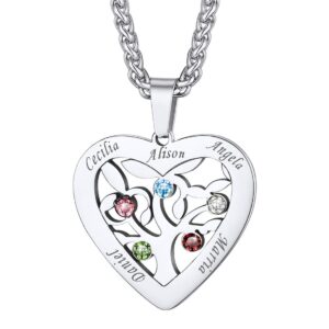 u7 mothers necklace personalized custom family branch tree heart necklace with crystal birthstone stainless steel hypoallergenic 2-6 names engraved necklaces for mom grandma wife