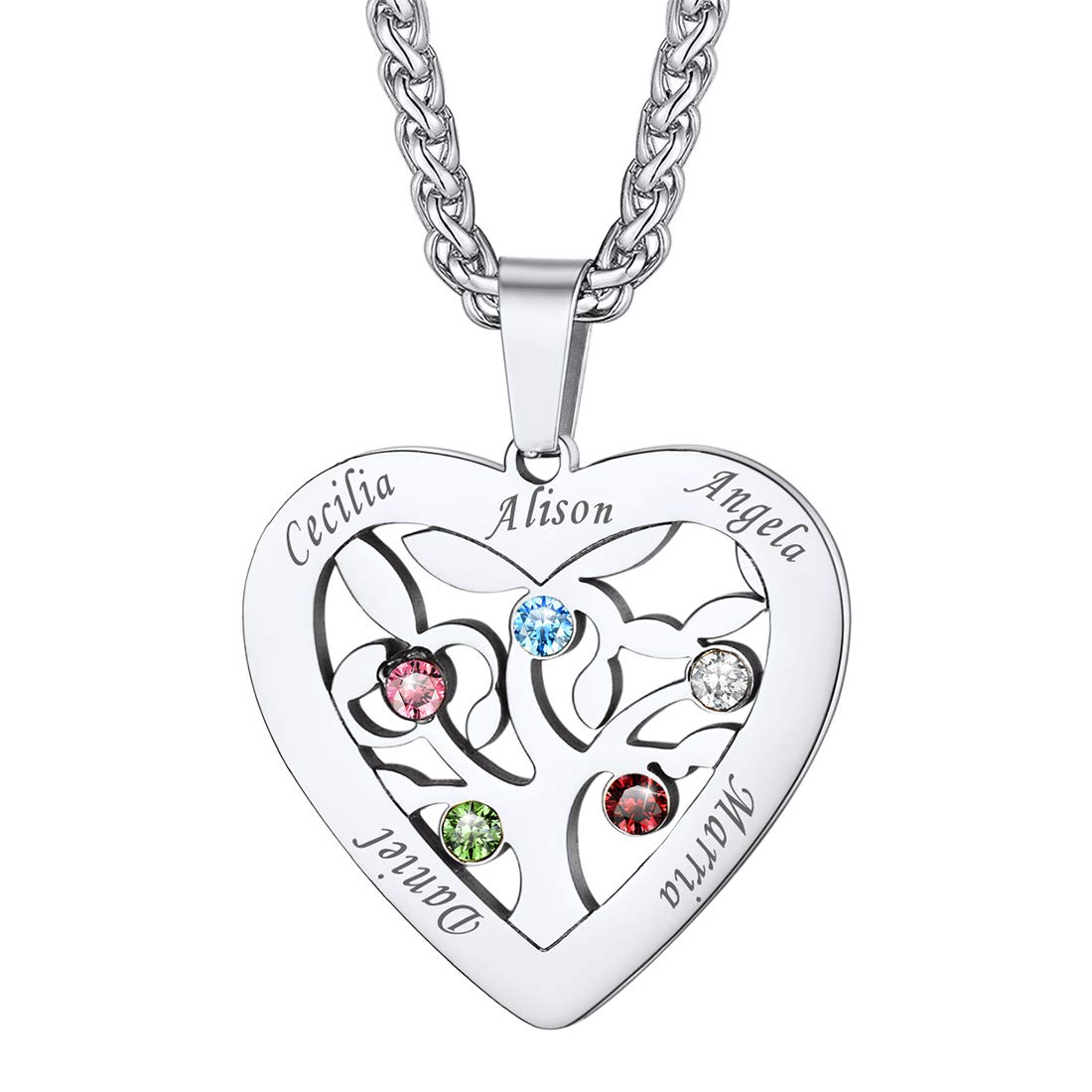 U7 Mothers Necklace Personalized Custom Family Branch Tree Heart Necklace with Crystal Birthstone Stainless Steel Hypoallergenic 2-6 Names Engraved Necklaces for Mom Grandma Wife