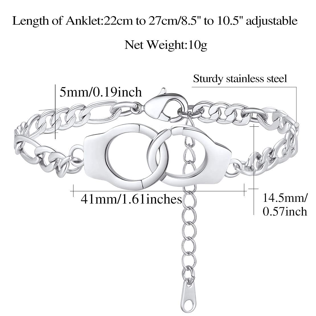 FindChic Handcuff Ankle Bracelets for Women Partners in Crime Stainless Steel Gothic Punk Jewelry 8.5'' Adjustable Ankle Chain Foot Link Infinity Anklets